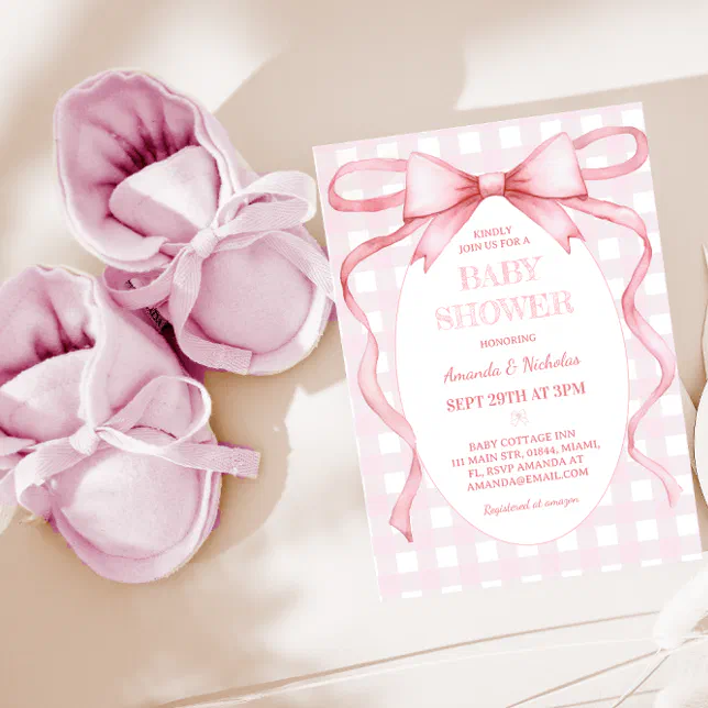 Pink Gingham Bow Baby Girl Shower Invitation | Zazzle
