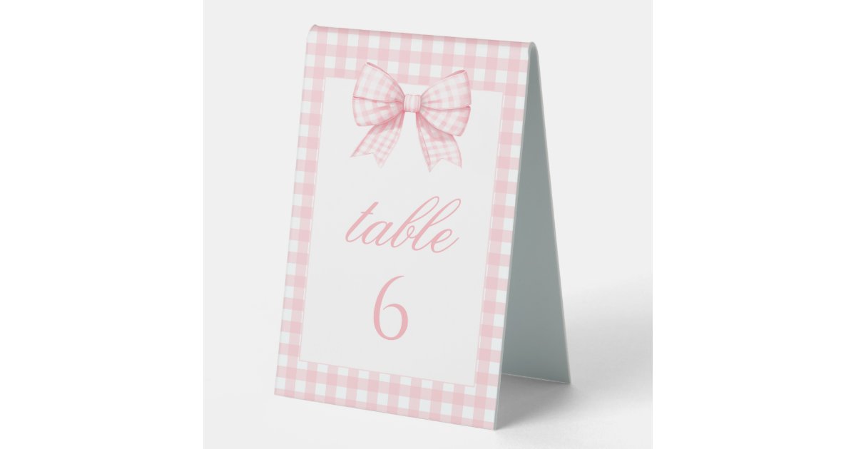 Pink Gingham Bow Baby Girl Shower Table Numbers Table Tent | Zazzle