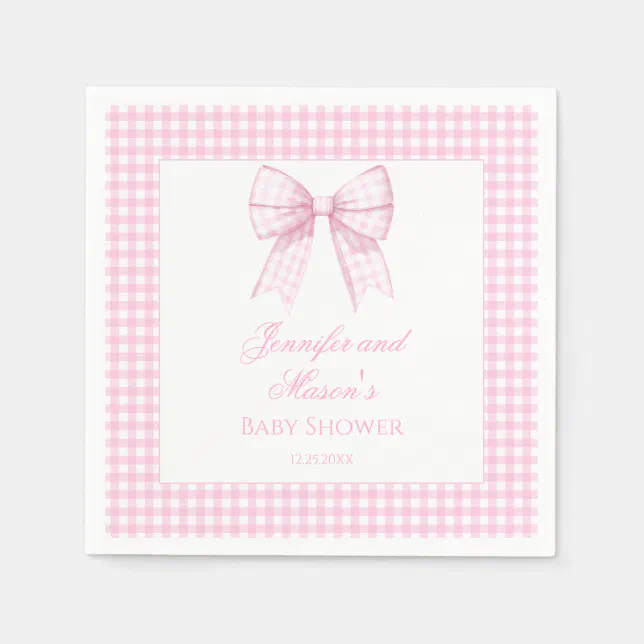 Pink gingham bow ribbon baby girl shower napkins | Zazzle