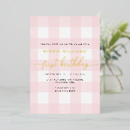 Pink Gingham First Birthday Gold Foil Invitation | Zazzle