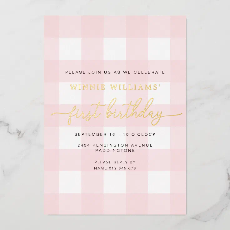 Pink Gingham First Birthday Gold Foil Invitation | Zazzle