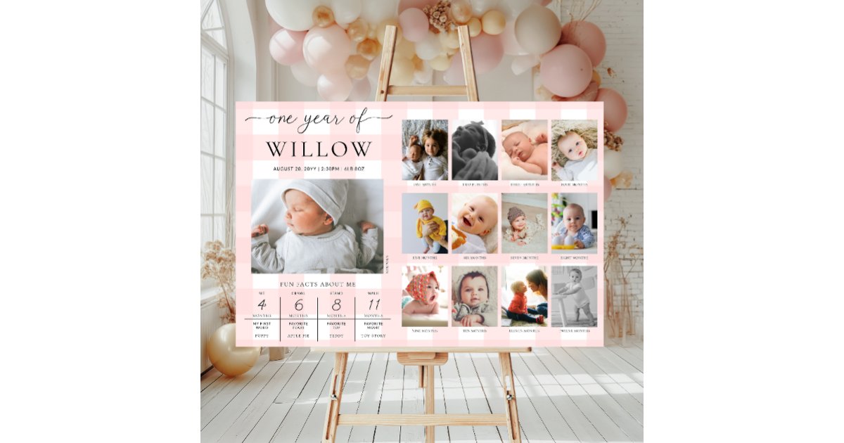 Pink Gingham First Birthday Photo Milestone Poster | Zazzle