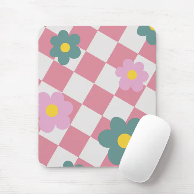 Pink Gingham Floral Pattern – Retro Cute Flower Mouse Pad | Zazzle