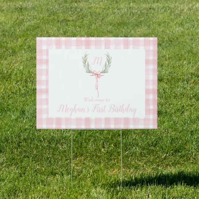 Pink Gingham Laurel Crest Welcome Sign | Zazzle