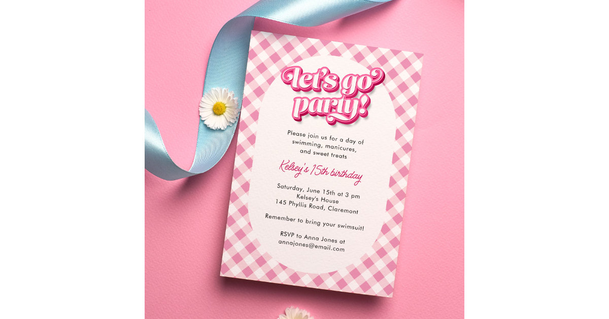 Pink Gingham Let's Go Party Birthday Invitation | Zazzle
