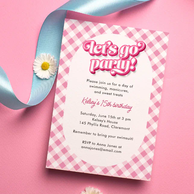 Pink Gingham Let's Go Party Birthday Invitation | Zazzle
