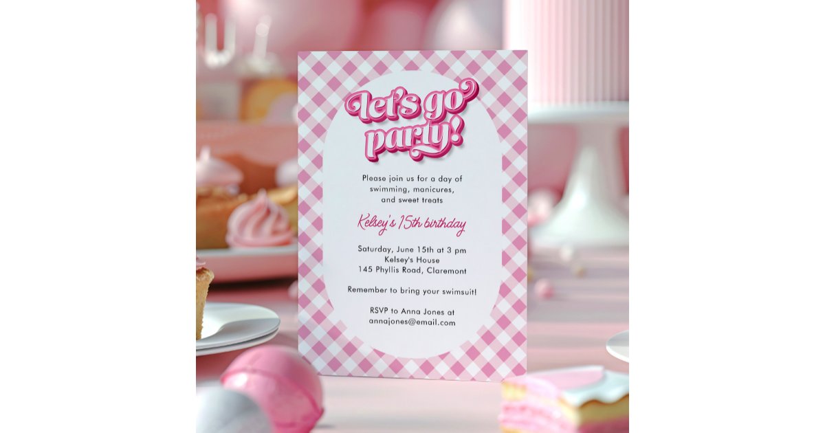 Pink Gingham Let's Go Party Birthday Invitation | Zazzle