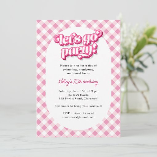 Pink Gingham Let's Go Party Birthday Invitation | Zazzle