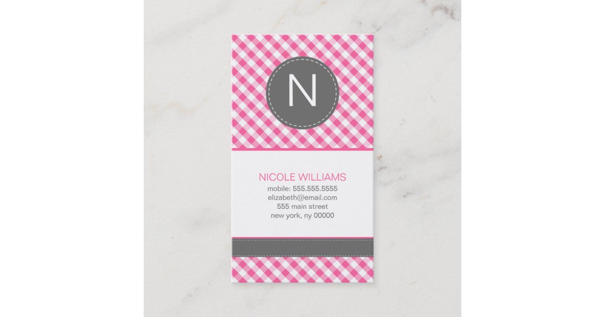 Pink Gingham Pattern Monogram Social Calling Cards | Zazzle