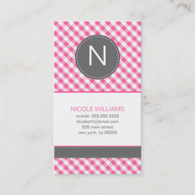 Pink Gingham Pattern Monogram Social Calling Cards | Zazzle
