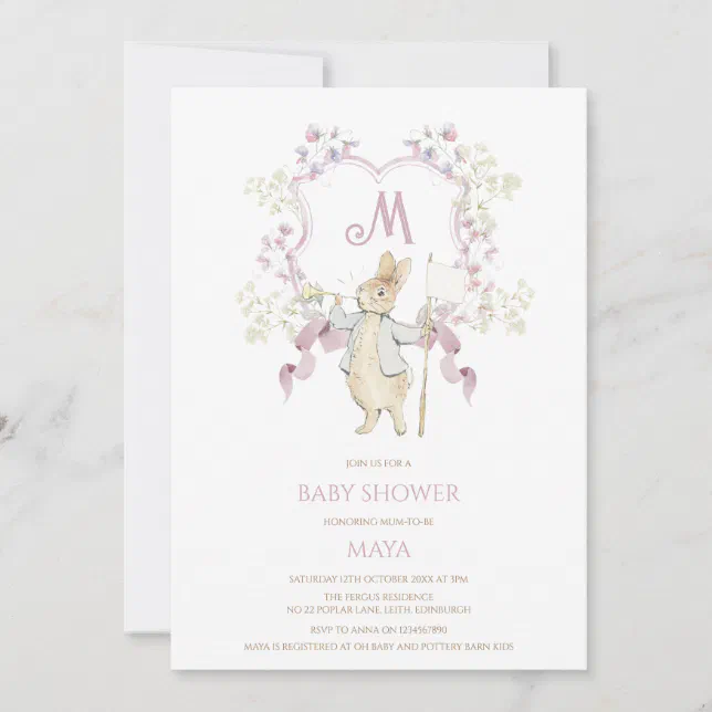 Pink Gingham Peter the Rabbit Monogram Baby Shower Invitation | Zazzle