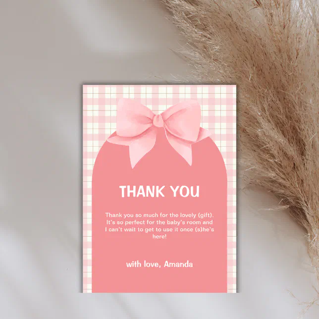 Pink Gingham Plaid Arch Bow Baby Shower Thank You | Zazzle