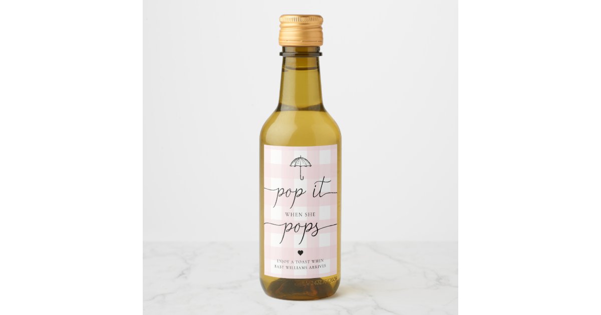 Pink Gingham Umbrella Pop It When She Pops Wine Label | Zazzle