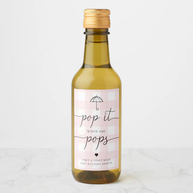 Pink Gingham Umbrella Pop It When She Pops Wine Label | Zazzle