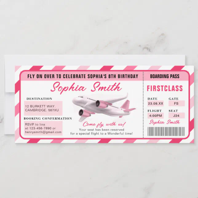 Pink girl 1st Boarding Pass Plane Birthday Ticket Invitation | Zazzle