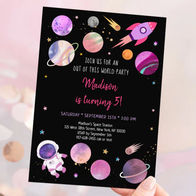 Pink Girl Astronaut Space Birthday Invitation | Zazzle