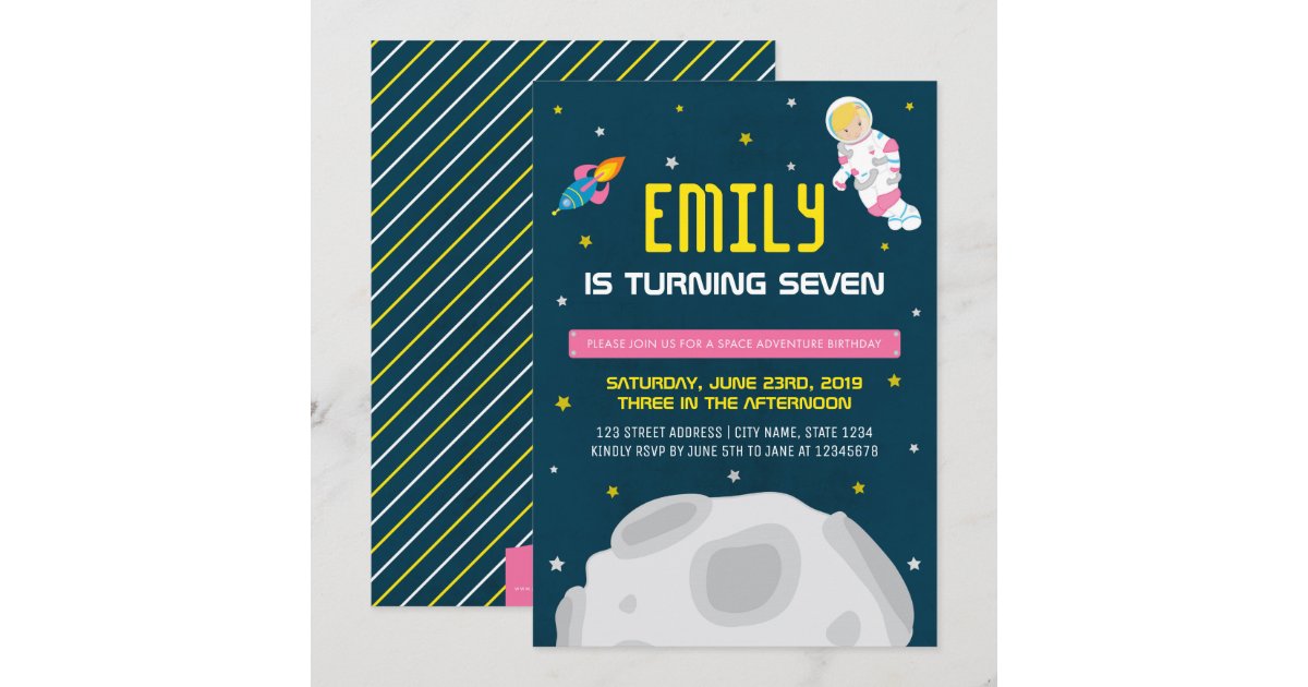 Pink Girl Astronaut Space Birthday Invitation | Zazzle