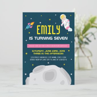 Pink Girl Astronaut Space Birthday Invitation | Zazzle