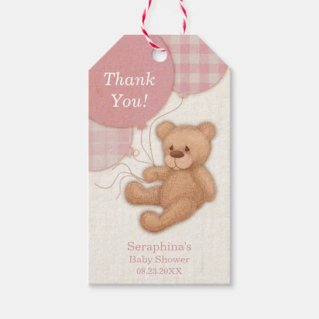 Pink Girl Balloon Teddy Bear Thank You Gift Tags | Zazzle