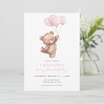 Pink Girl Beary First Birthday Invitation | Zazzle