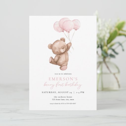 Pink Girl Beary First Birthday Invitation | Zazzle