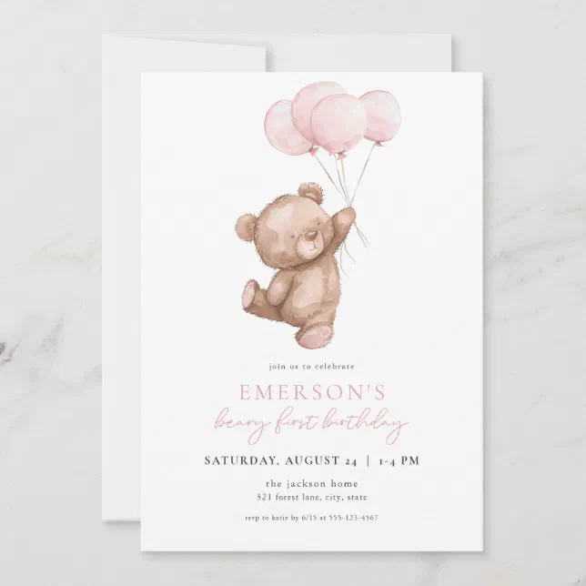 Pink Girl Beary First Birthday Invitation | Zazzle
