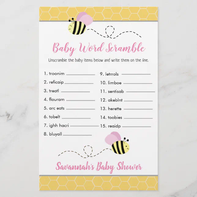 Pink Girl Bee Baby Shower Baby Word Scramble Game | Zazzle