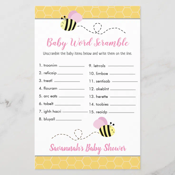 Pink Girl Bee Baby Shower Baby Word Scramble Game | Zazzle
