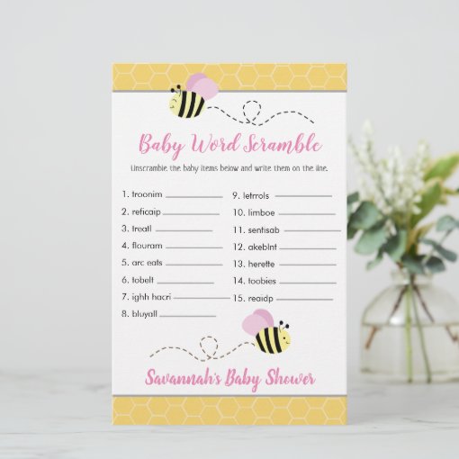 Pink Girl Bee Baby Shower Baby Word Scramble Game | Zazzle