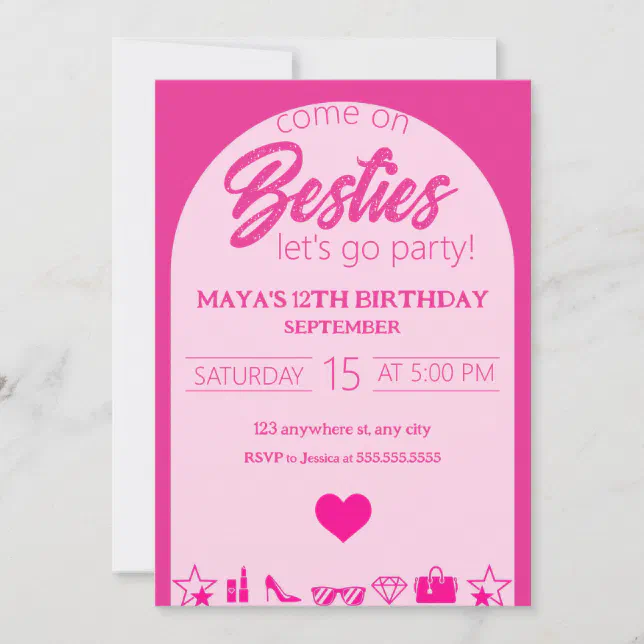 Pink Girl Birthday, Pink Besties Party Birthday Invitation | Zazzle
