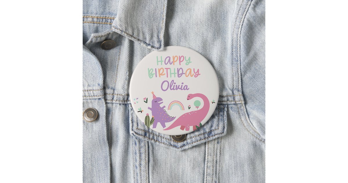 Pink Girl Dinosaur Happy Birthday Button | Zazzle