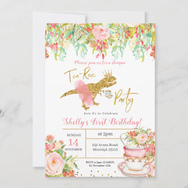 Pink Girl Dinosaur Tea-Rex Party Invitation | Zazzle