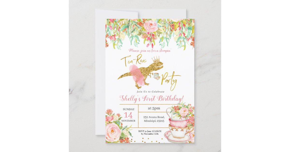 Pink Girl Dinosaur Tea-Rex Party Invitation | Zazzle
