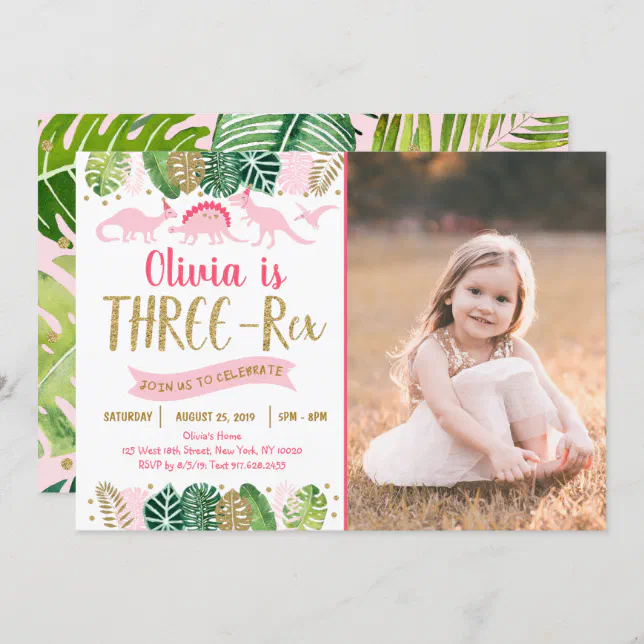 Pink Girl Dinosaur THREE REX Birthday Invitation | Zazzle