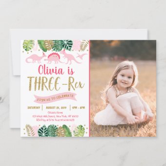 Pink Girl Dinosaur THREE REX Birthday Invitation | Zazzle