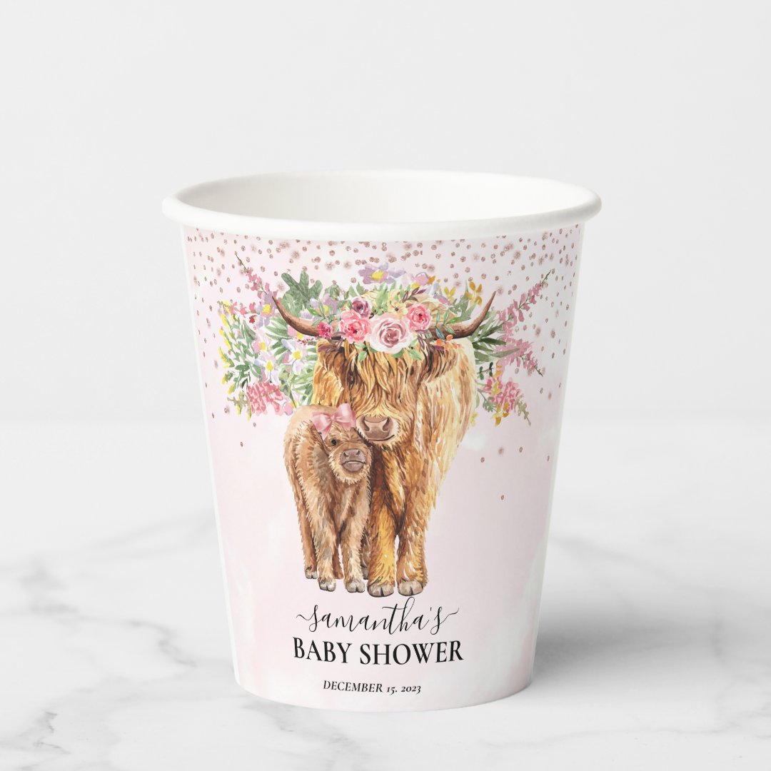 Pink Girl Floral Highland Cow Calf Baby Shower Paper Cups | Zazzle