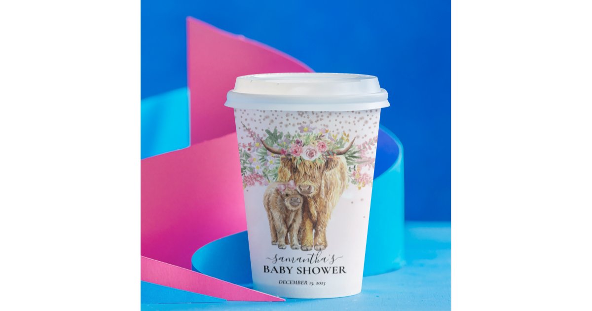 Pink Girl Floral Highland Cow Calf Baby Shower Paper Cups | Zazzle