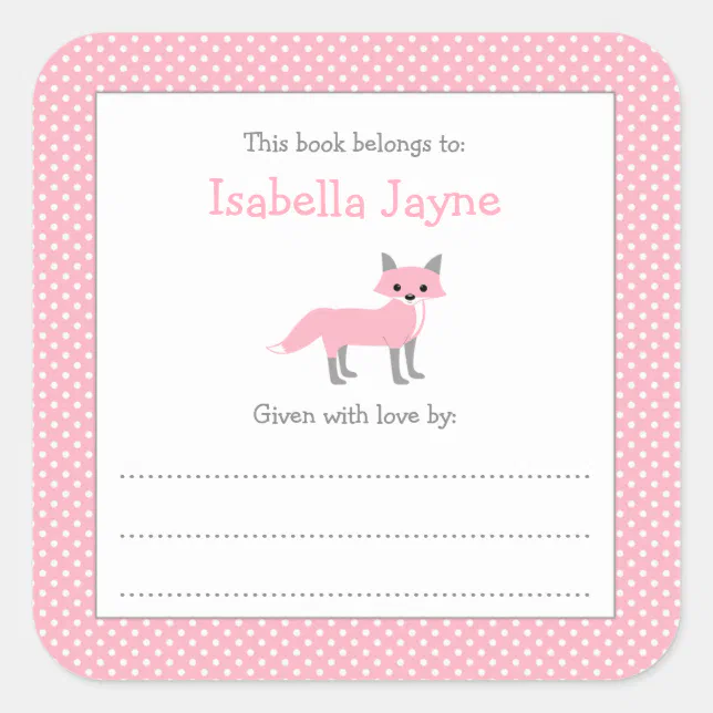 Pink Girl Fox bookplate square sticker | Zazzle