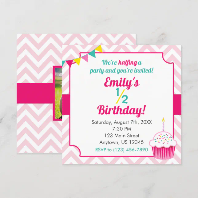 Pink Girl Half Birthday Photo Invitation | Zazzle