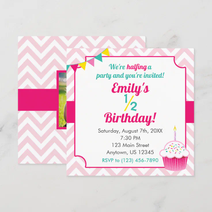 Pink Girl Half Birthday Photo Invitation | Zazzle