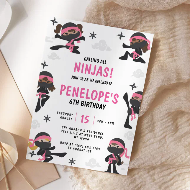 Pink Girl Ninja Warrior Karate Birthday Invitation | Zazzle