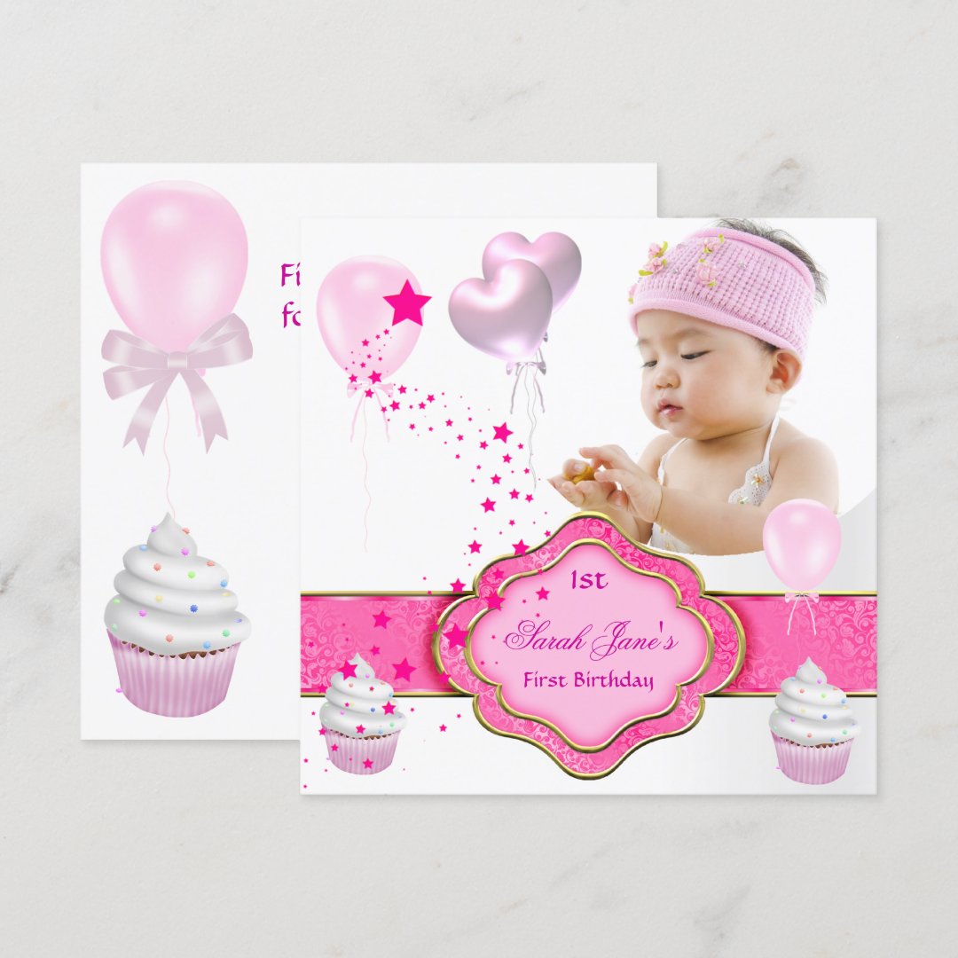 Pink Girl Photo First 1st Birthday Party Invitation | Zazzle
