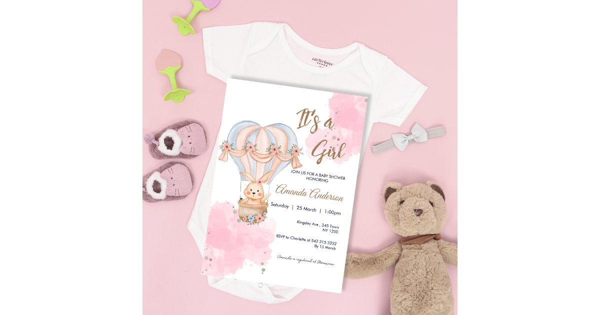 Pink Girl Rabbit Balloon Baby Shower Invitation | Zazzle