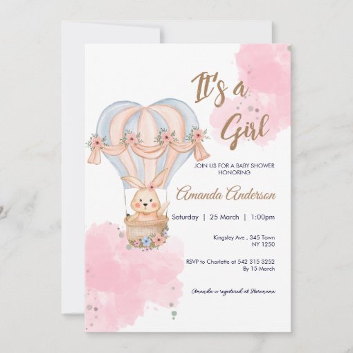 Pink Girl Rabbit Balloon Baby Shower Invitation | Zazzle