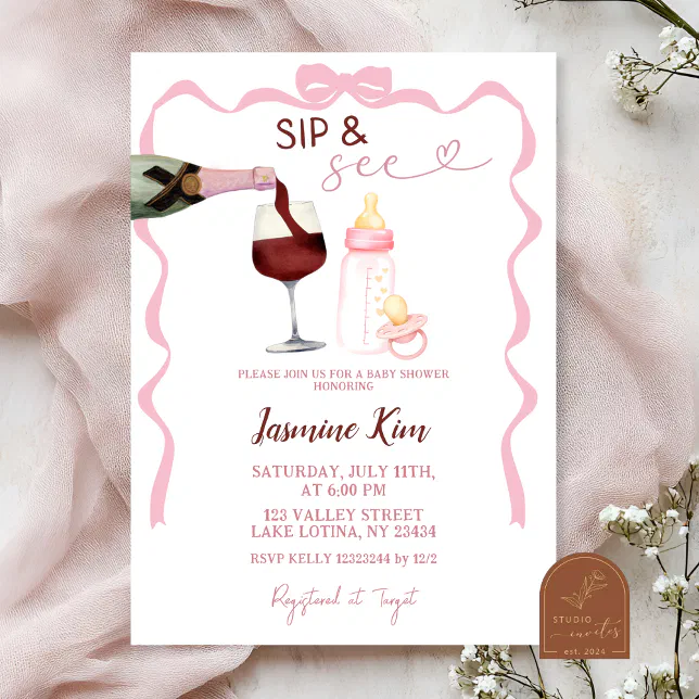 Pink Girl Sip and See Baby Shower Invitation | Zazzle