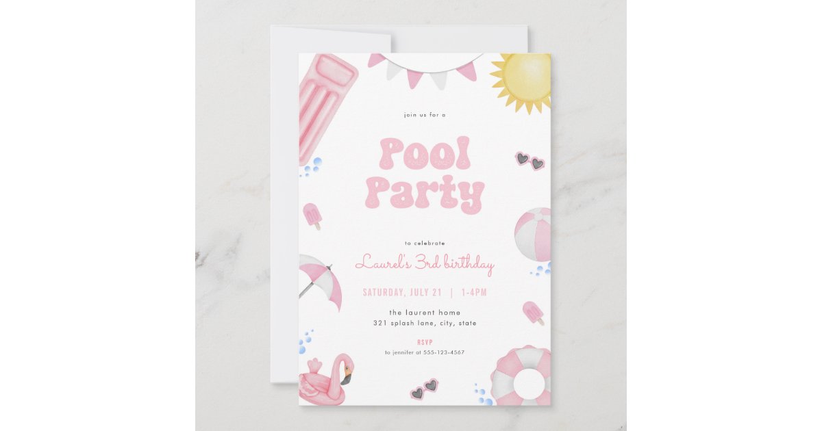 Pink Girl Summer Pool Party Birthday Invitation | Zazzle