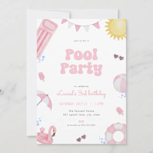 Pink Girl Summer Pool Party Birthday Invitation | Zazzle
