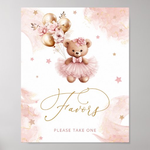 Pink Girl Teddy Bear Baby Shower Favors Poster | Zazzle