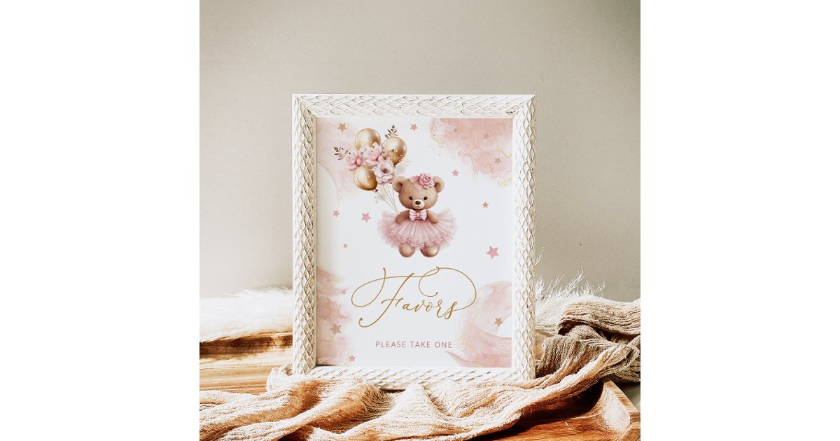Pink Girl Teddy Bear Baby Shower Favors Poster | Zazzle