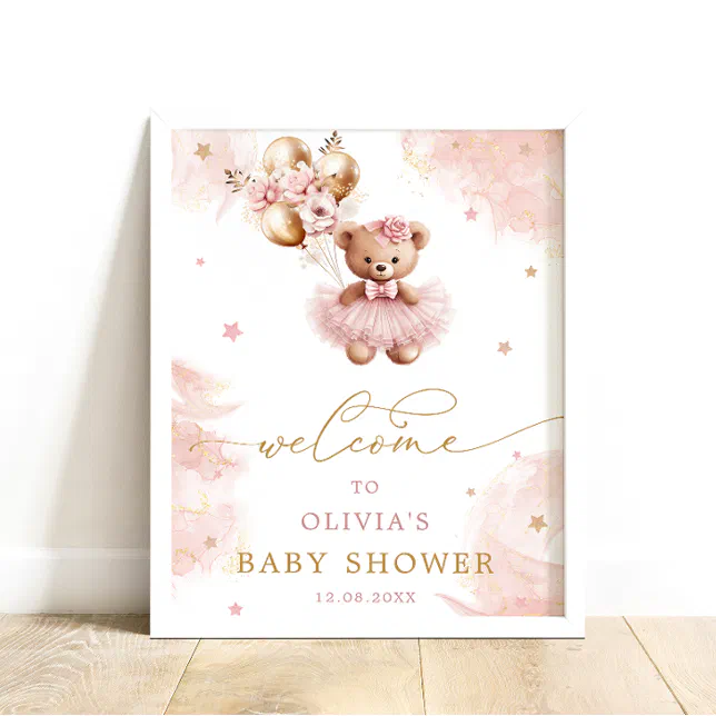 Pink Girl Teddy Bear Baby Shower Welcome Poster | Zazzle